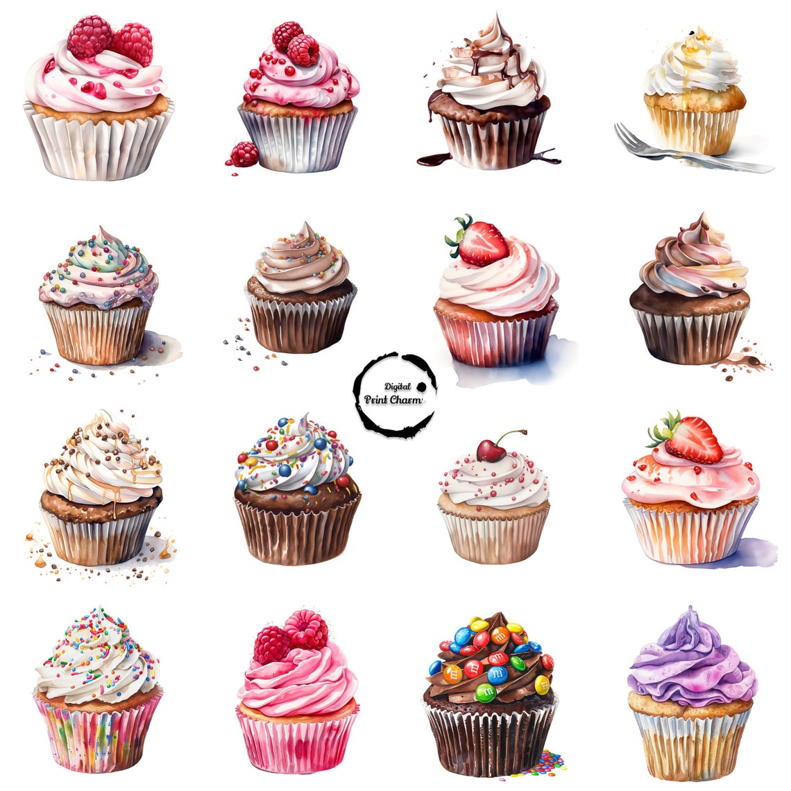 Delicious Cupcake Watercolor Clipart Set 20 Mouthwatering Dessert ...