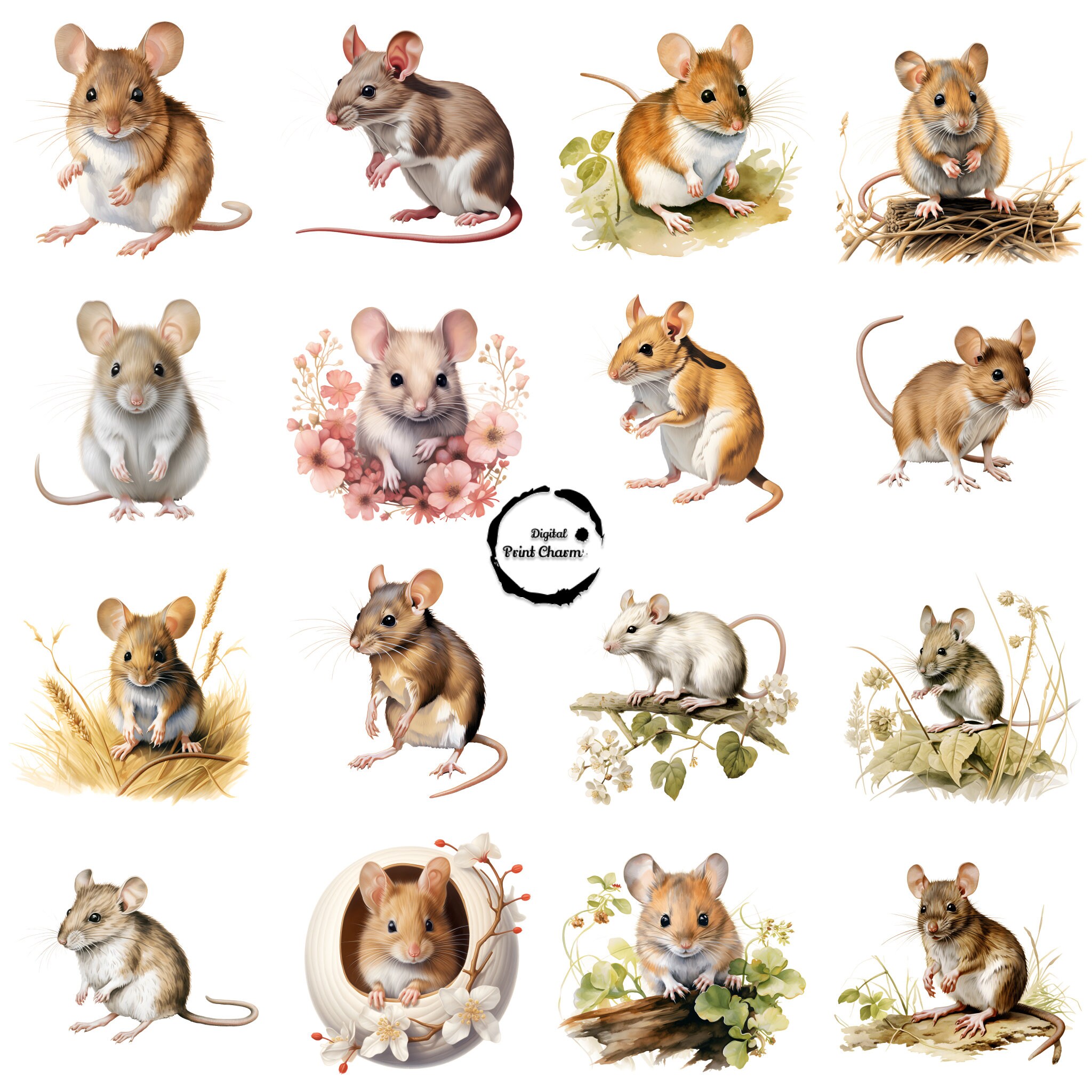 16 Mice Clipart Bundle Watercolor Digital Prints Perfect for DIY ...