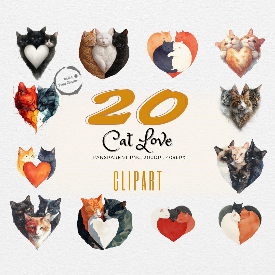 20 Heart-shaped Love for Cats Clipart Bundle | Must-have Cat Lover Art ...
