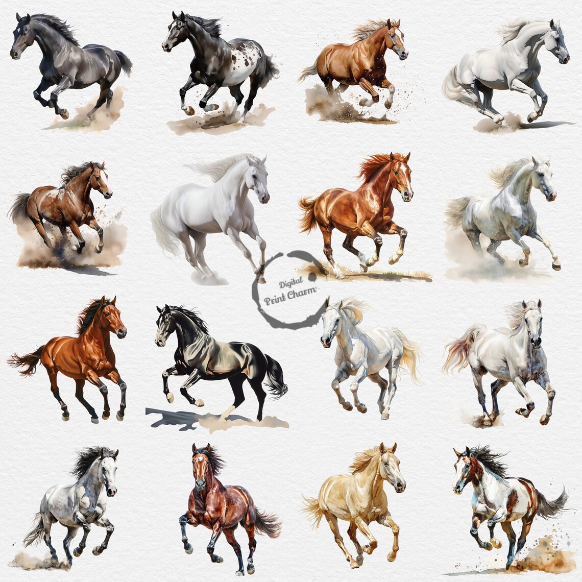Galloping Horse Watercolor Clipart | Set of 20 Realistic Equestrian ...