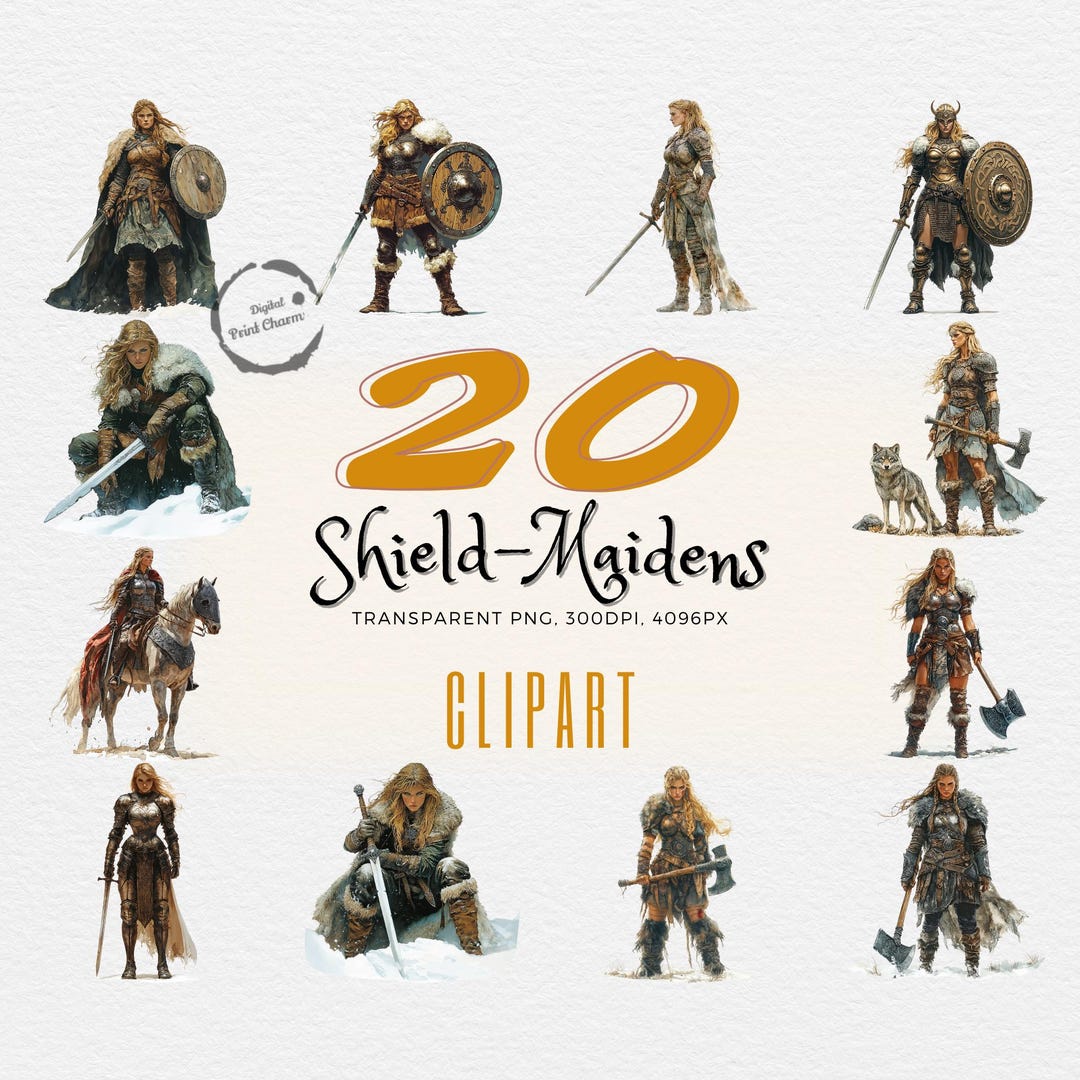 20 Realistic Valkyries & Shield-maidens Watercolor Clipart Bundle ...