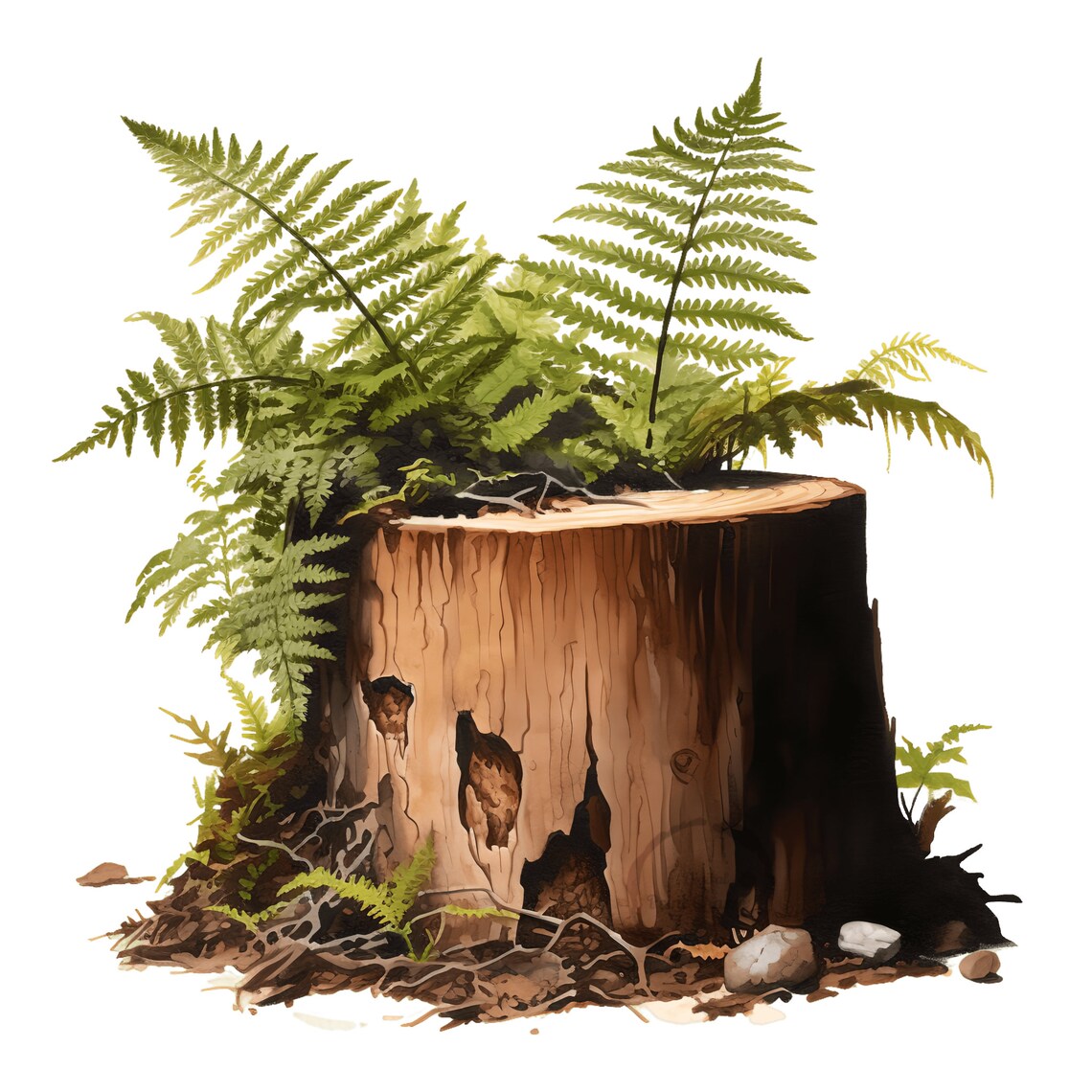 Watercolor Ferns & Tree Stumps | Realistic Digital Prints | 20 Clipart ...