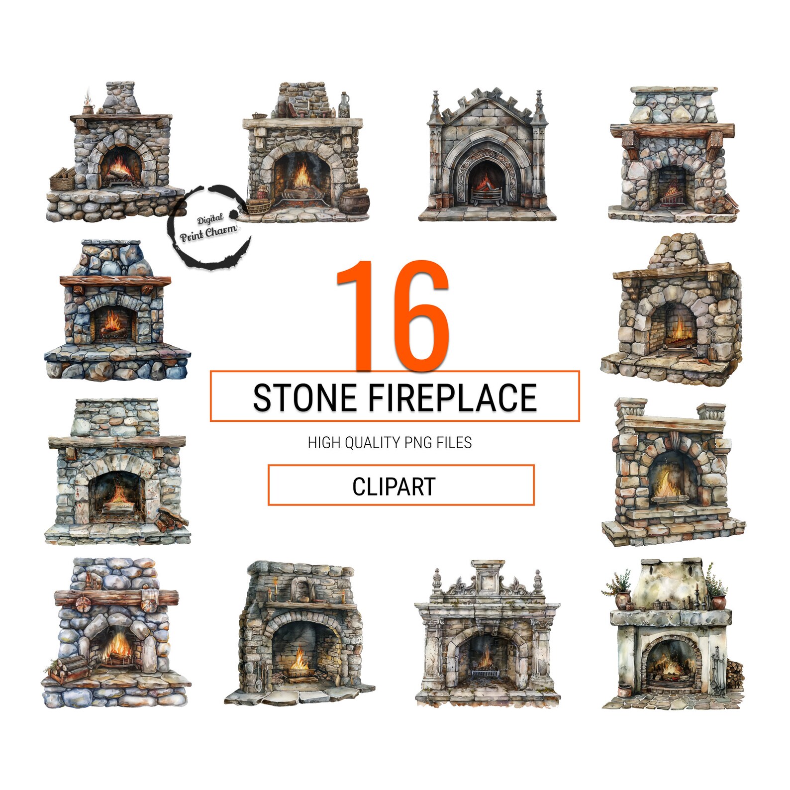 Ornate Stone Hearth Clipart Bundle | 16 Realistic Fireplace ...