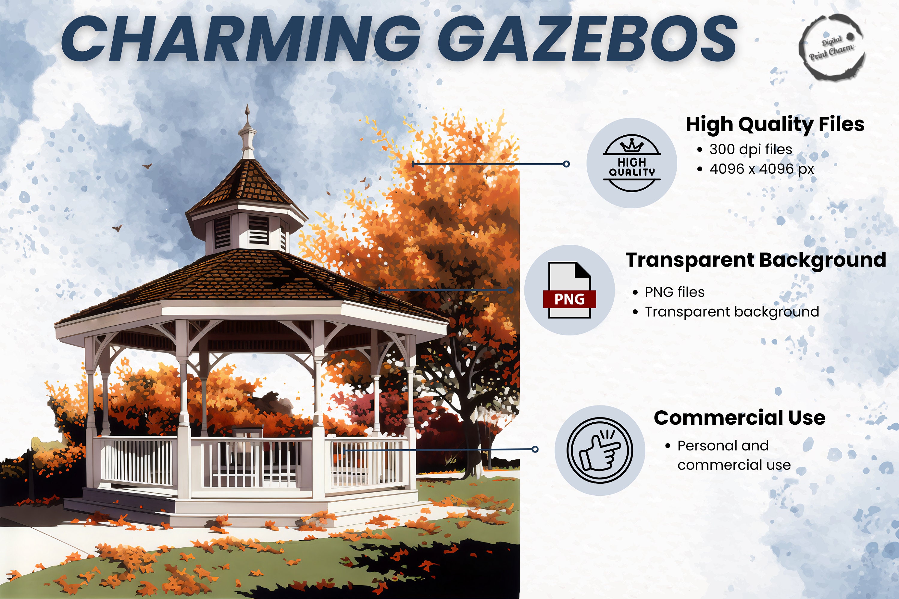 Enchanting Gazebos Watercolor Clipart Bundle 20 Realistic Floral ...