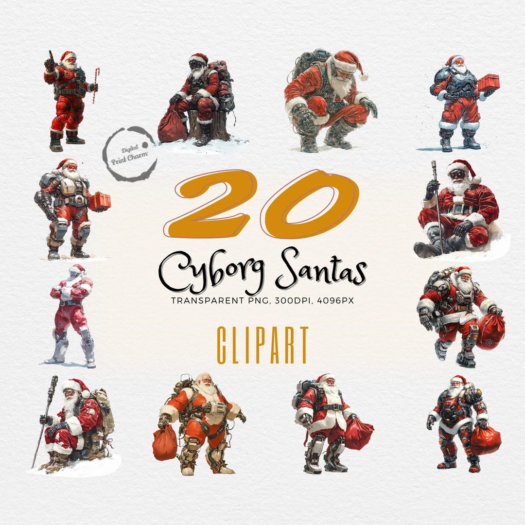 20 Futuristic Cyborg Santa Clipart Bundle | Must-have Sci-fi Holiday ...