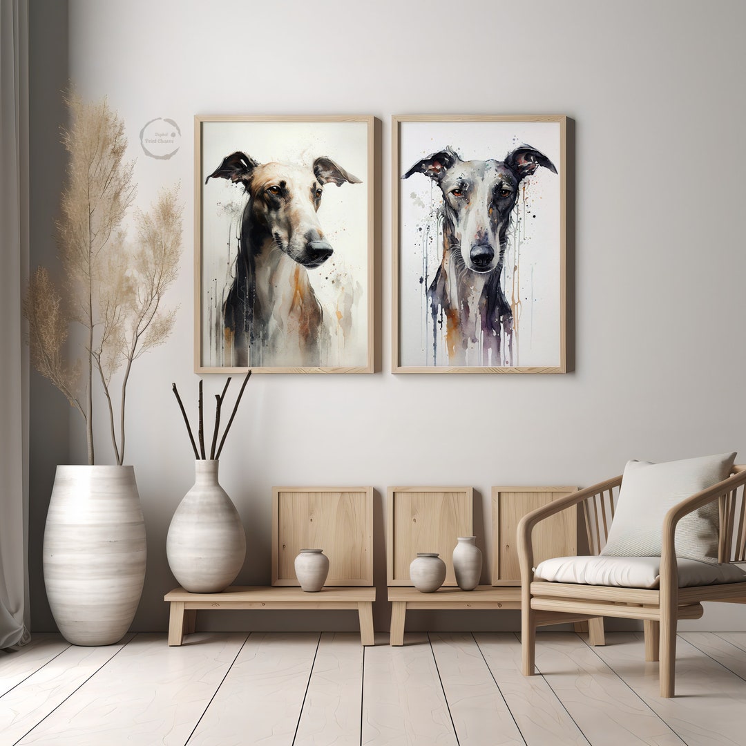 Set of Two Realistic Greyhound Prints Watercolor Dog Portraits Digital ...