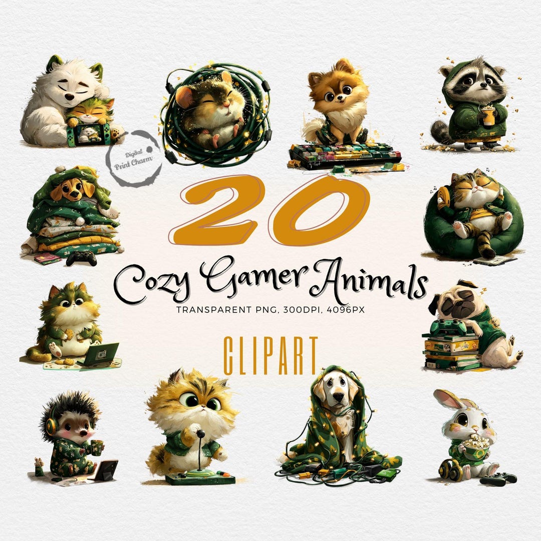 20 Cozy Gamer Animal Clipart | Gaming Pets PNG | Chill Lofi Aesthetic ...