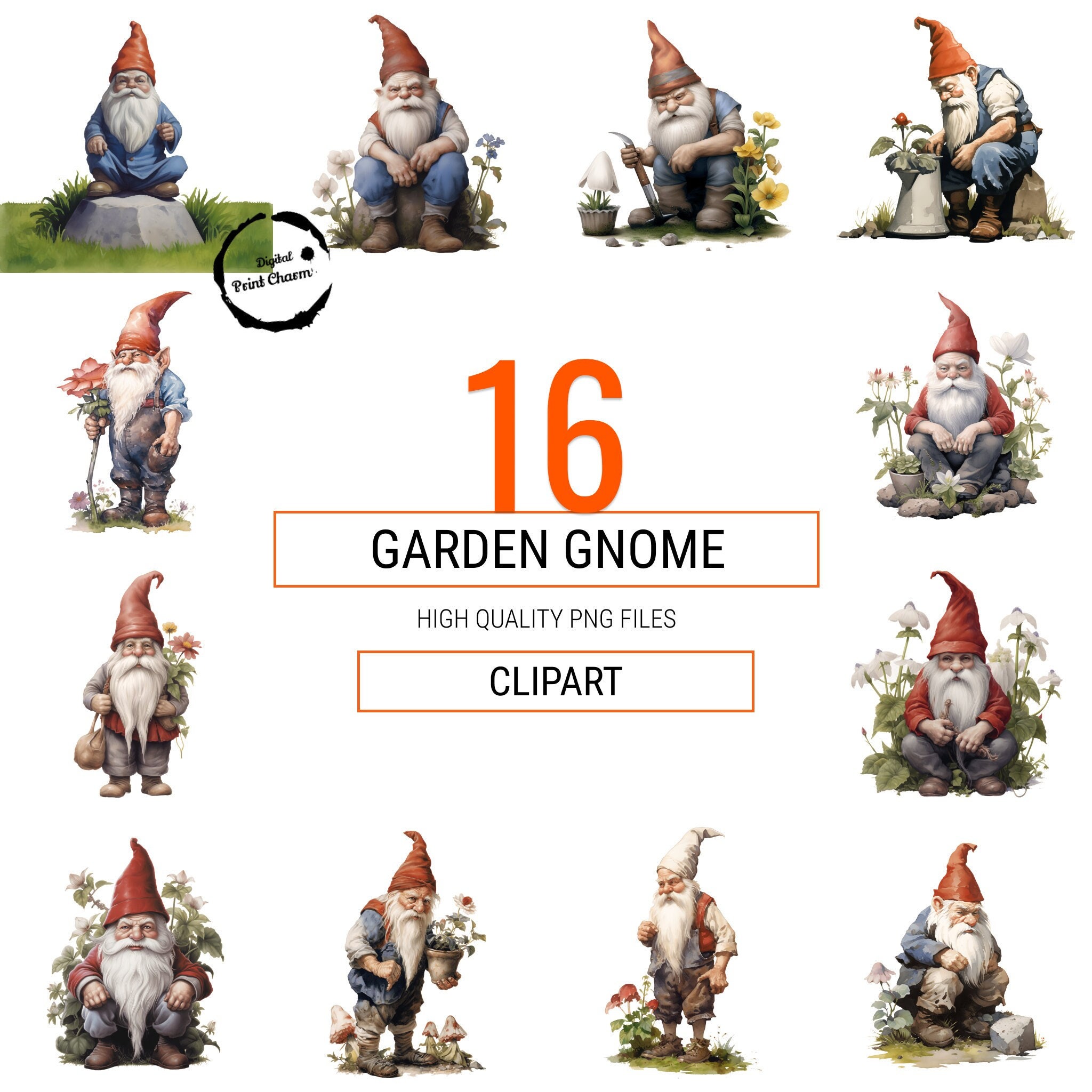Watercolor Gnome Cliparts Craft Essential Set of 16 Ideal - Etsy