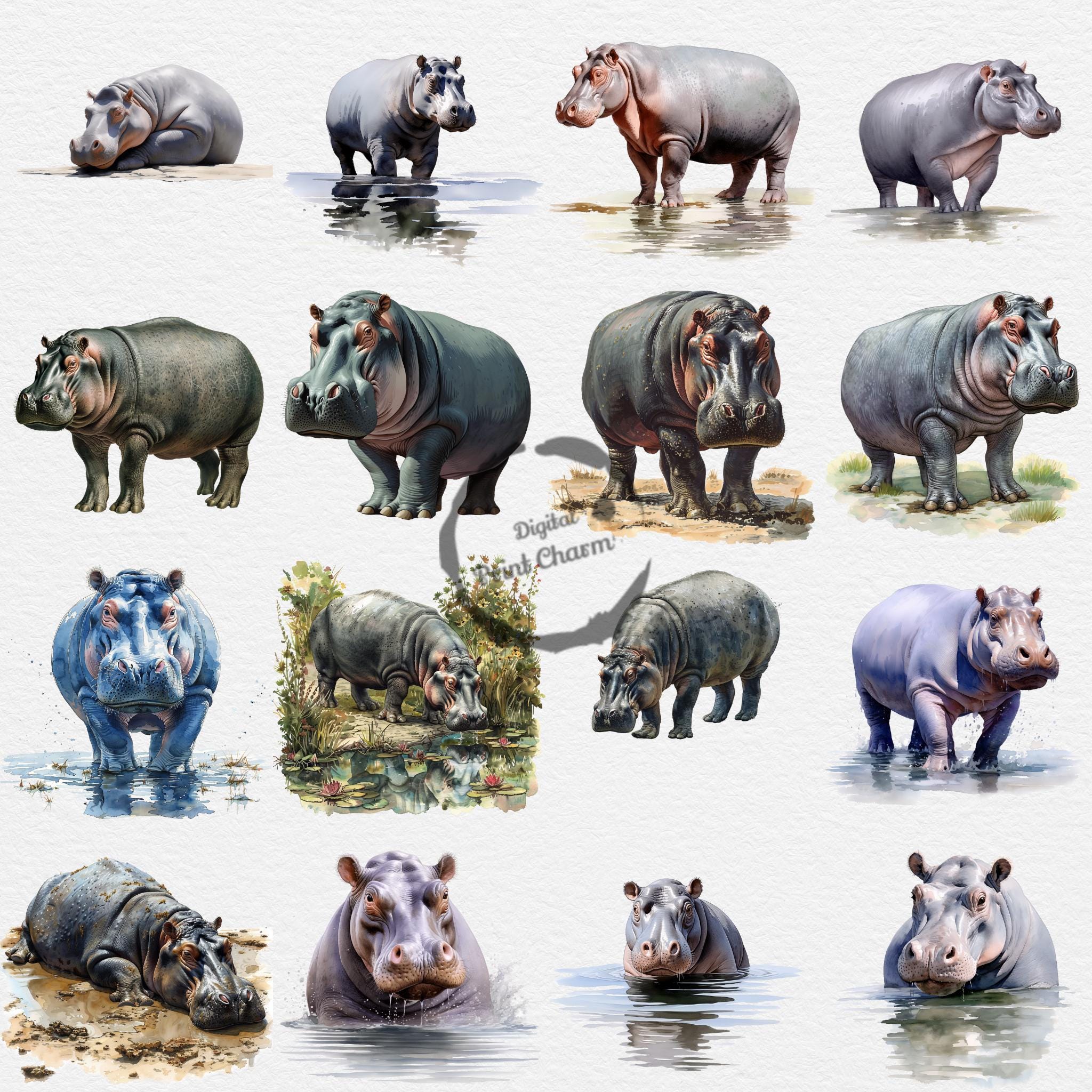 20 Realistic Hippo Prints | Watercolor Digital Clipart | Essential for ...