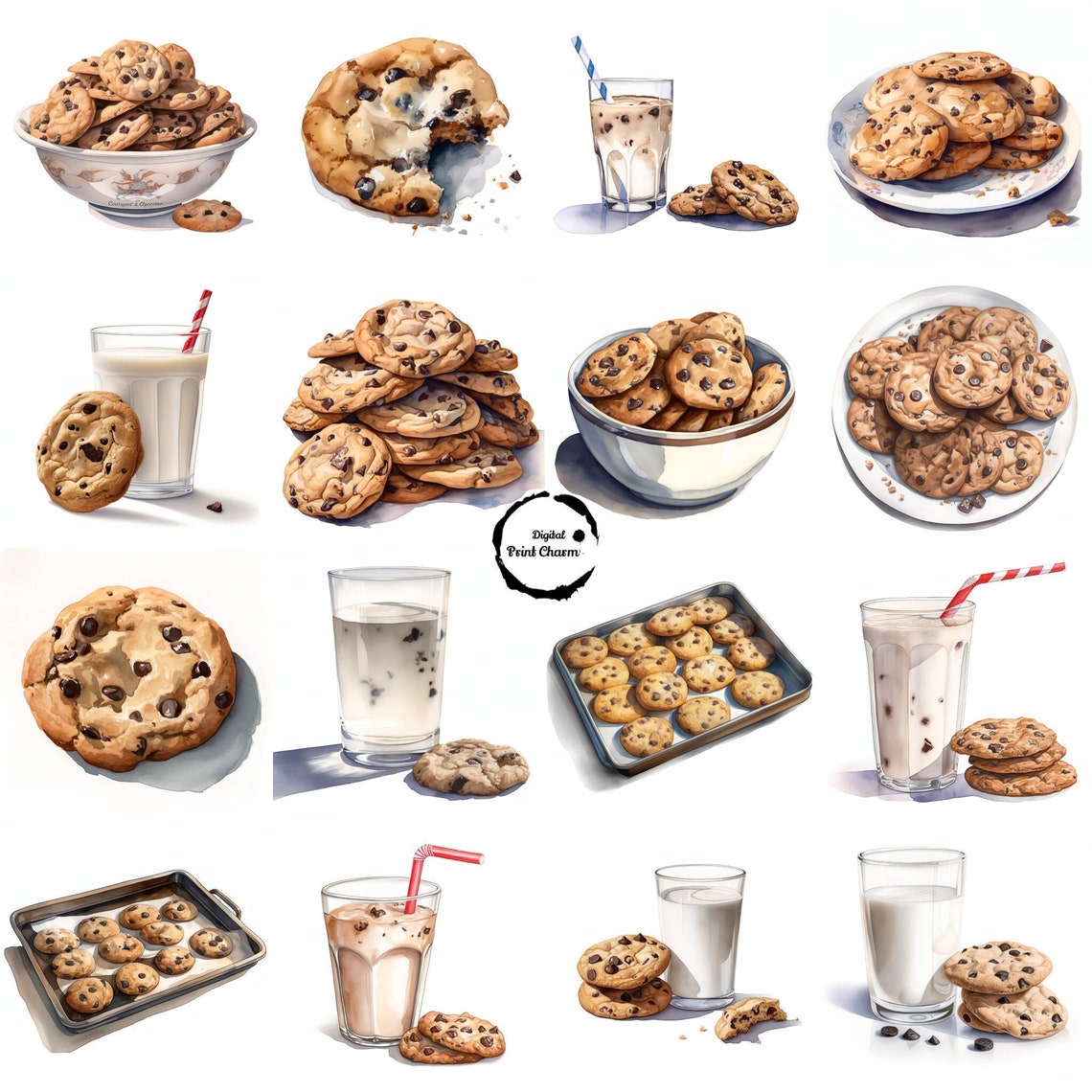 Watercolor Chocolate Chip Cookie Clipart Set 16 Delicious Dessert ...