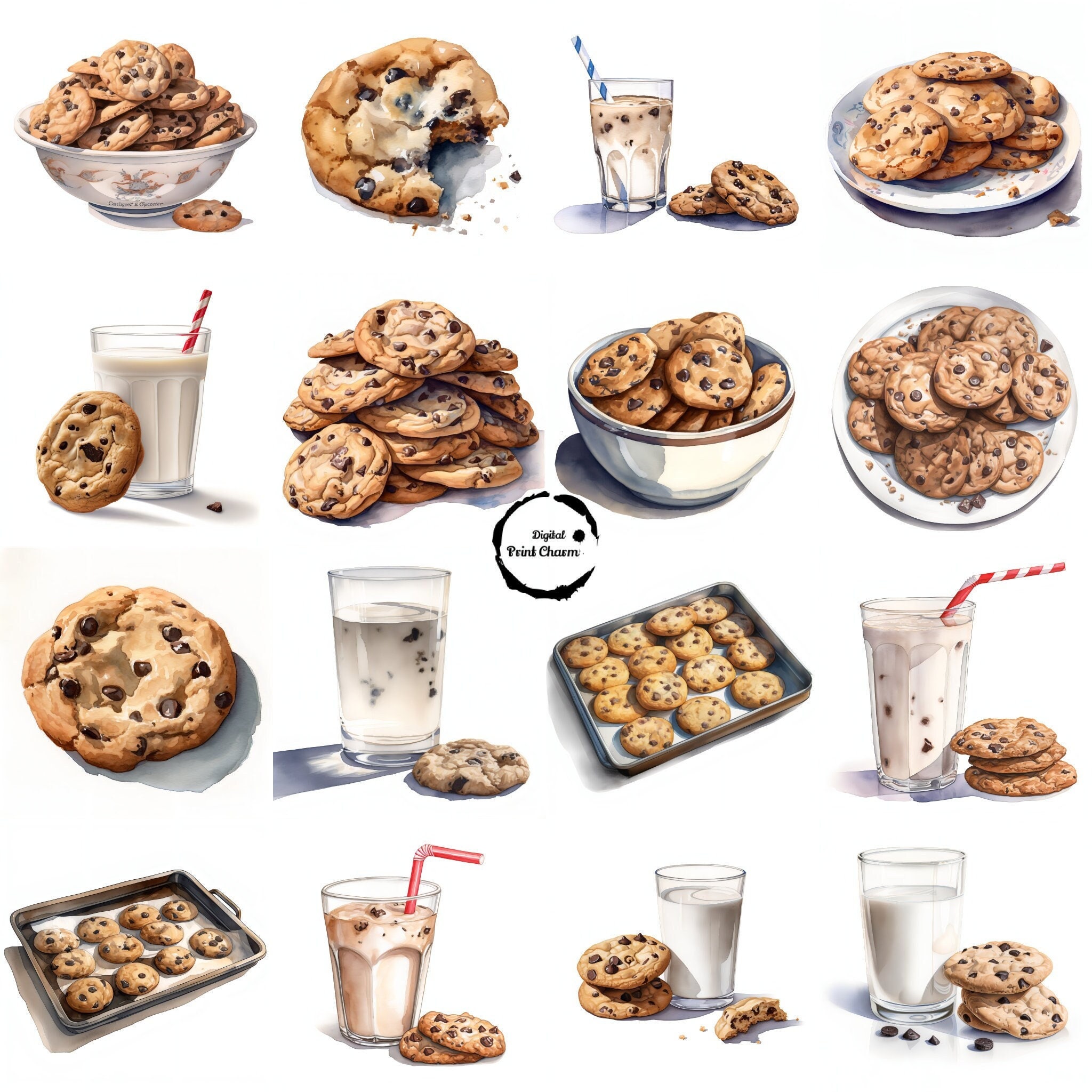 Watercolor Chocolate Chip Cookie Clipart Set 16 Delicious Dessert ...