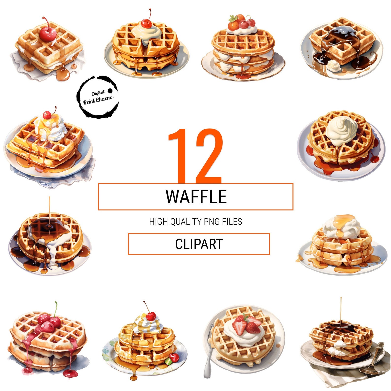 Delicious Waffles Watercolor Bundle 12 Realistic Clipart Digital Prints ...