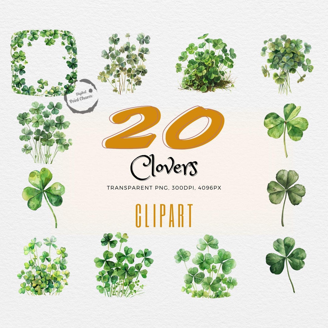 Lucky Shamrock & Clover Clipart Bundle | 20 Realistic Irish Greenery ...
