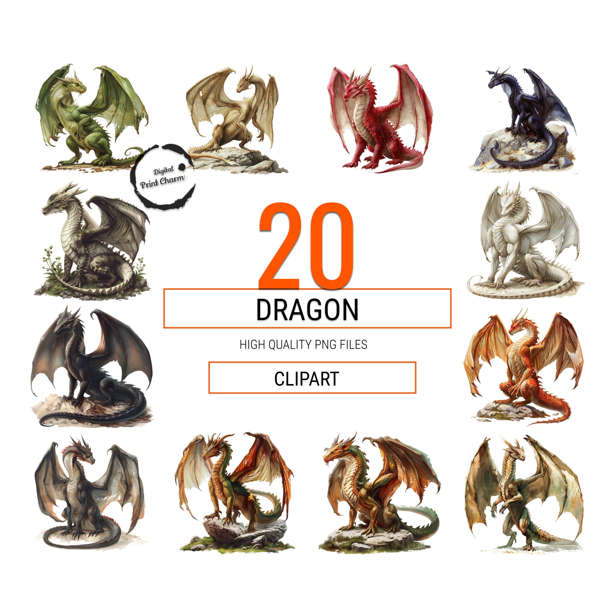 Majestic Dragon Clipart Bundle 20 Realistic Fantasy Creature ...