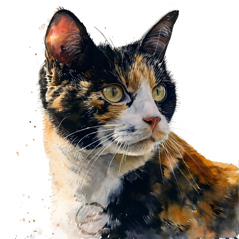 Charming Calico Cat Watercolor Clipart 16 Realistic Feline Portraits ...