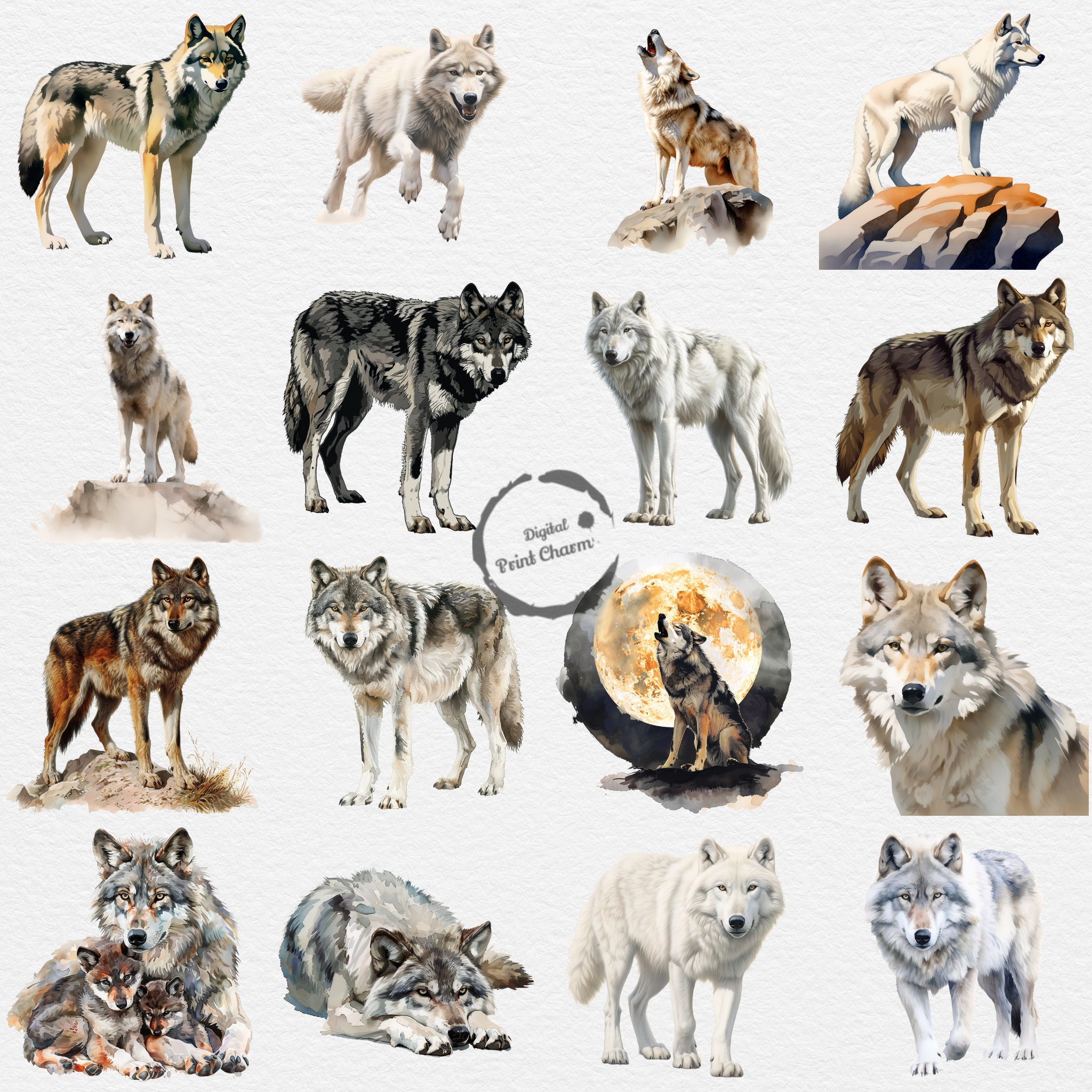 Watercolor Wolves Clipart 20 Realistic Digital Prints Majestic Animal ...