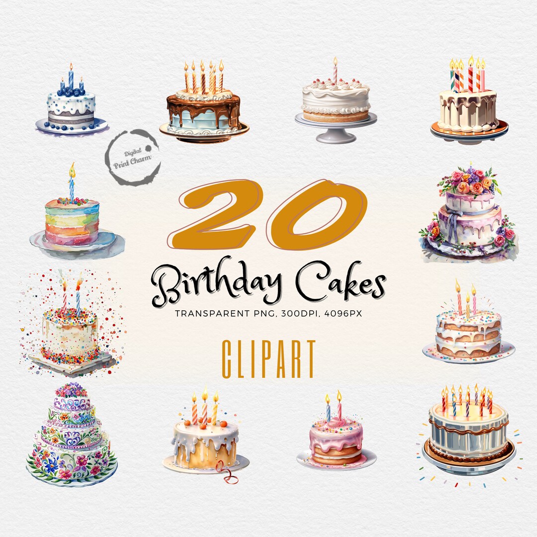 Birthday Cake Bundle | 20 Watercolor Clipart Prints | Realistic ...