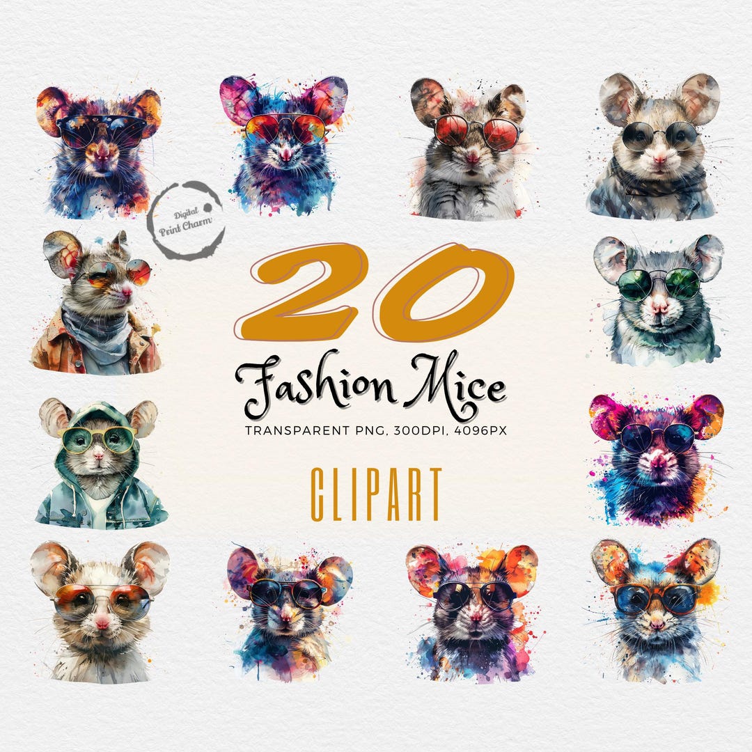 Cool Mice Wearing Sunglasses Clipart Bundle | 20 Watercolor ...