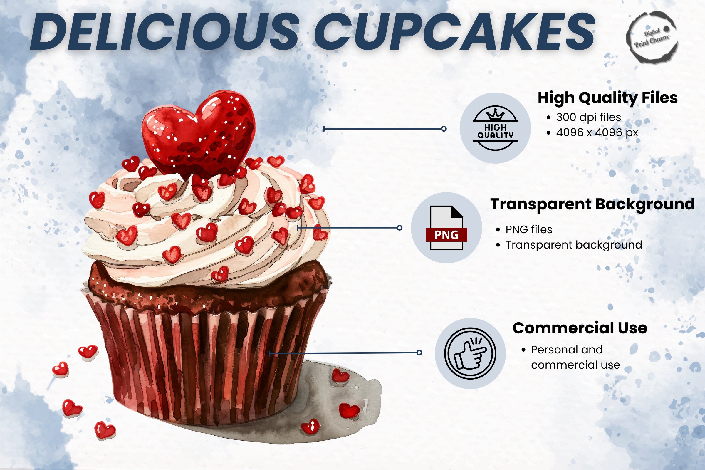 Delicious Cupcake Watercolor Clipart Set | 20 Mouthwatering Dessert ...