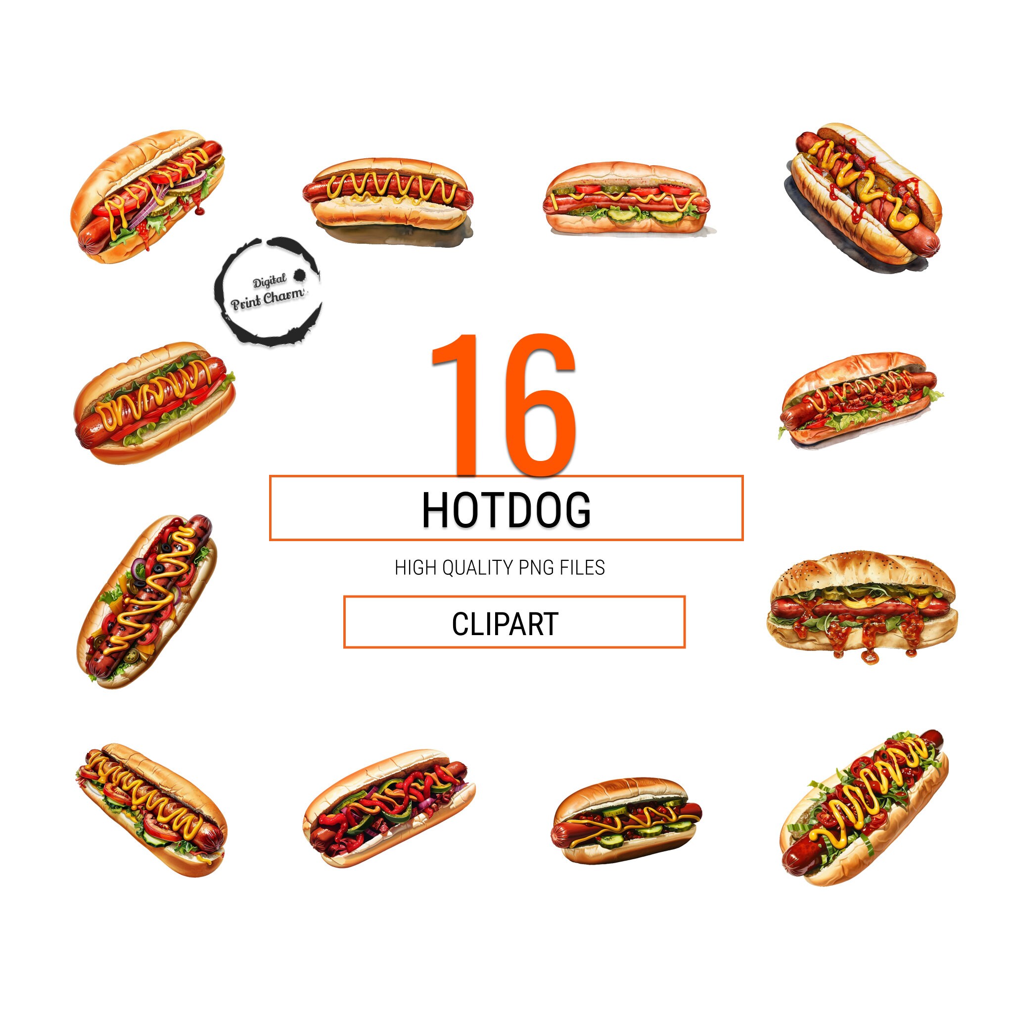 Sizzling Hotdog Clipart Bundle 16 Realistic Fast Food Illustrations ...