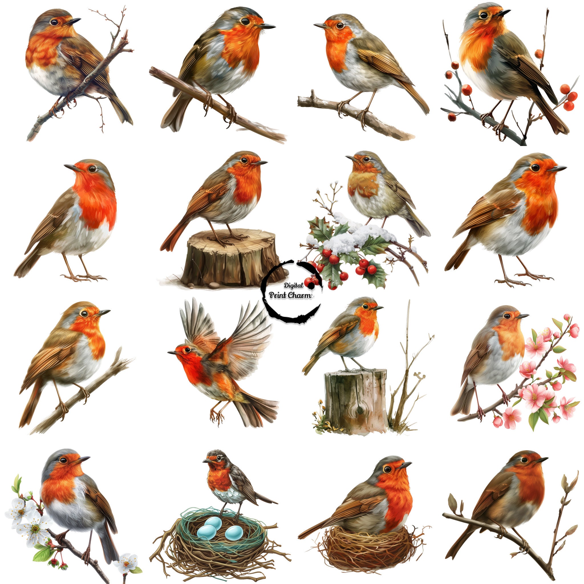 Red Robin Clipart Bundle | 16 Realistic Bird Illustrations | Perfect for Nature Projects ...