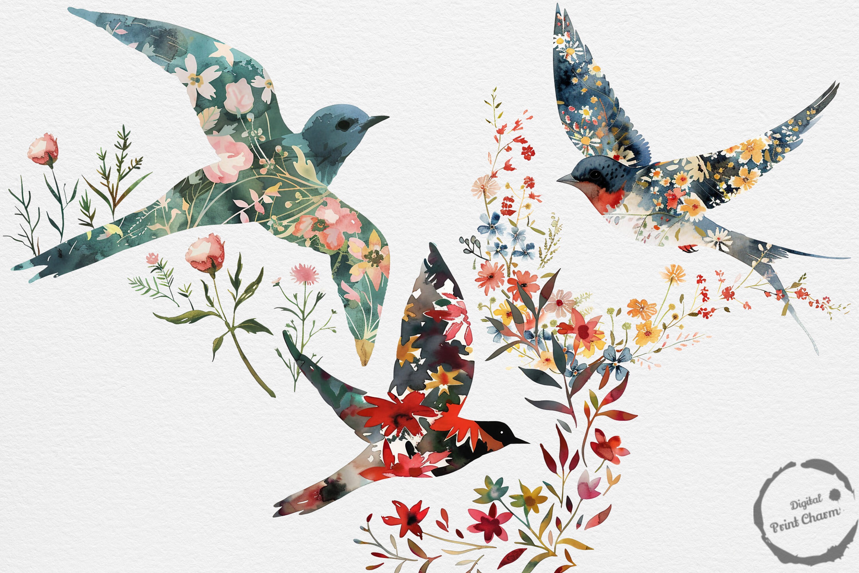Floral Bird Clipart Bundle 20 Watercolor Flower-patterned Bird ...