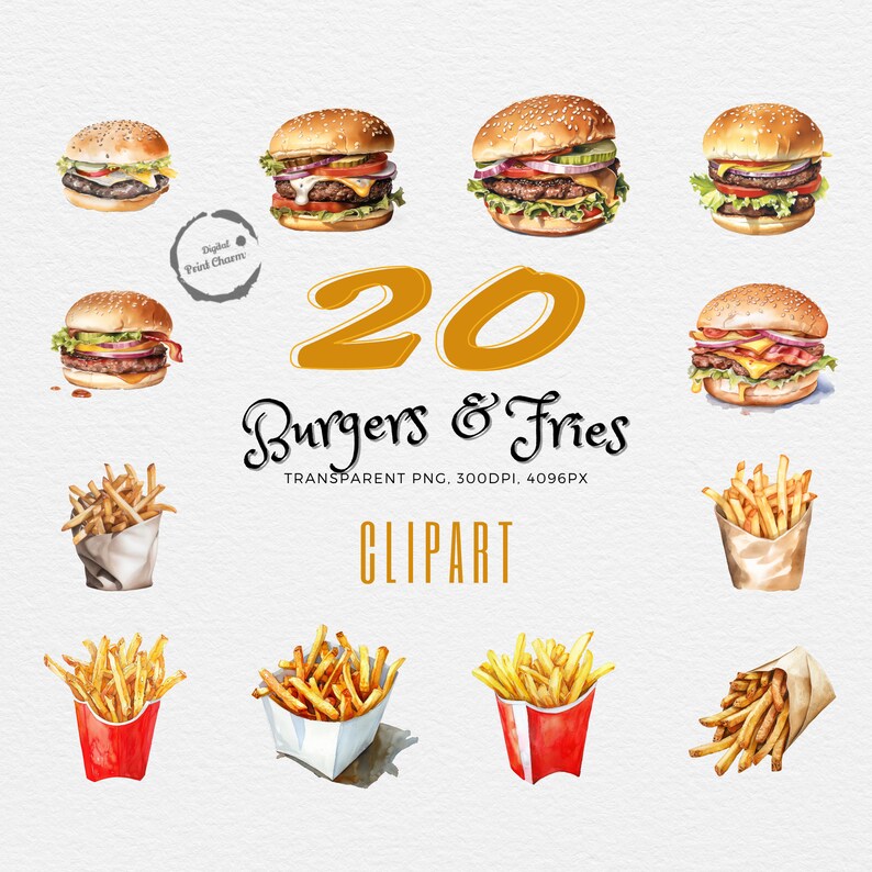 Juicy Burgers & Crispy Fries Watercolor Clipart Bundle | 20 Delectable ...