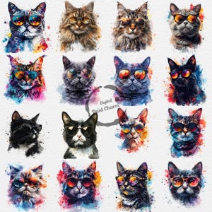 Cool Cats Wearing Sunglasses Clipart Bundle | 20 Watercolor ...