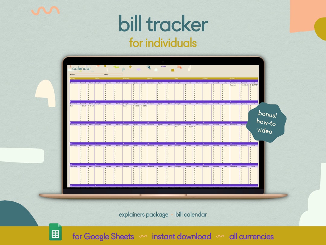 Google Sheets Monthly Bill Payment Tracker: Calendar & Expense ...
