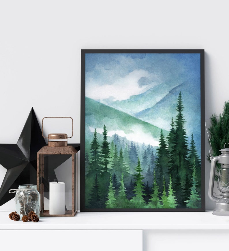 Mountain Forest Art Print Evergreen Trees Watercolor Painting Spruce ...