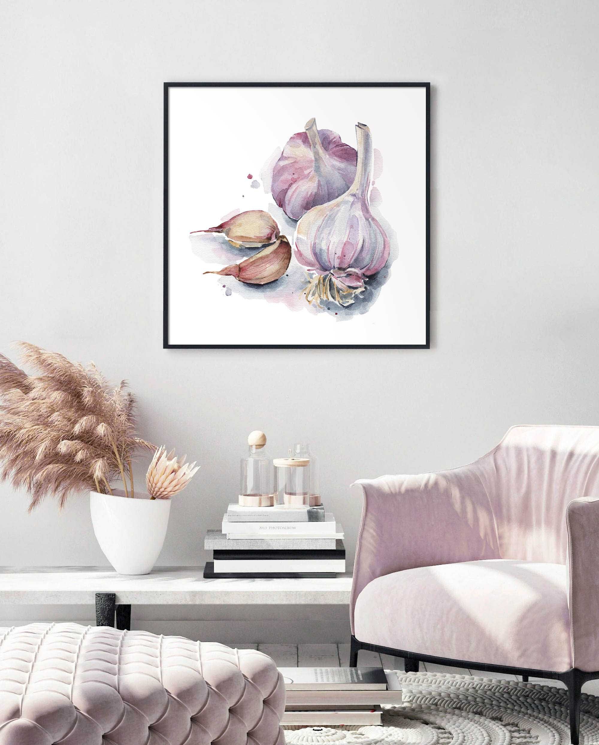 Garlic Art Print Food Watercolor Painting Vegan Poster Kitchen Wall Art ...