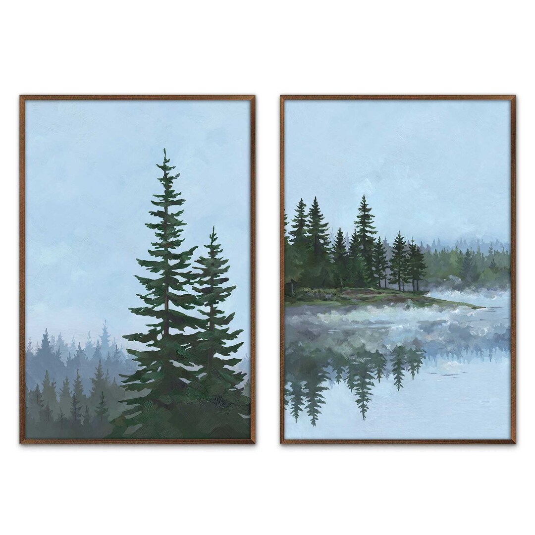 Pine Trees Set of 2 Prints Dark Spruce Forest Oil Painting Evergreen ...