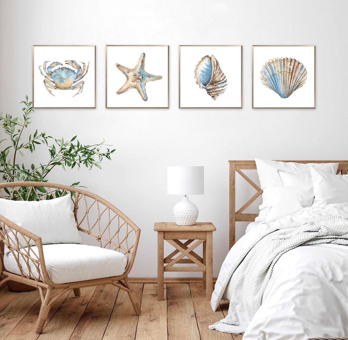 Neutral Beach Wall Art Seaside Set of 4 Prints Coastal Watercolor ...