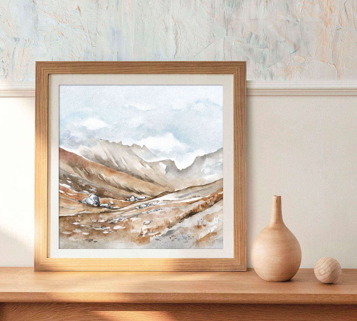Neutral Landscape Art Print Fall Watercolor Painting Mountain Landscape ...