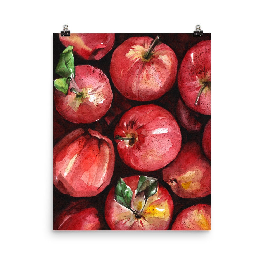 Red Apple Art Print Fruit Watercolor Painting Vegan Food Wall - Etsy
