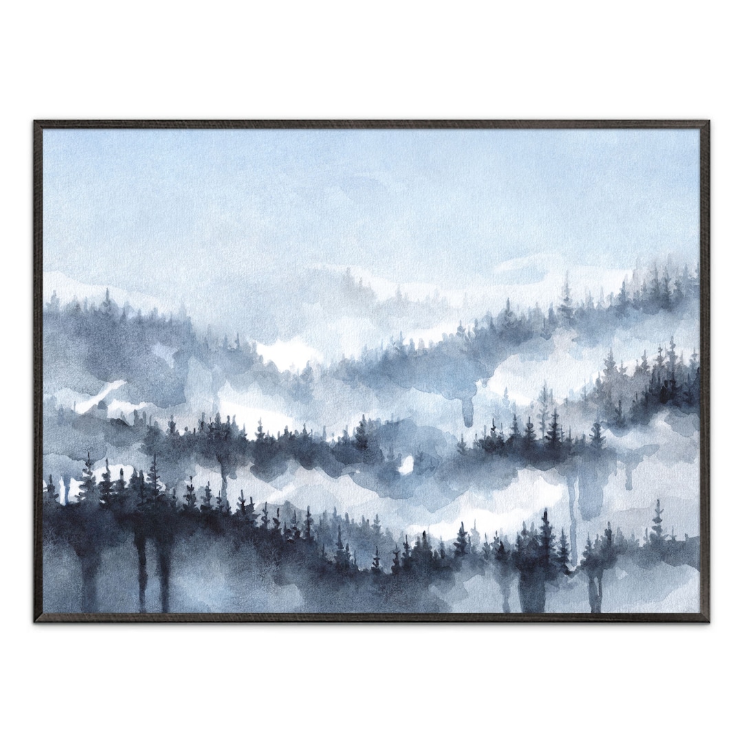 Mountain Forest Art Print Abstract Landscape Watercolor Painting Blue ...