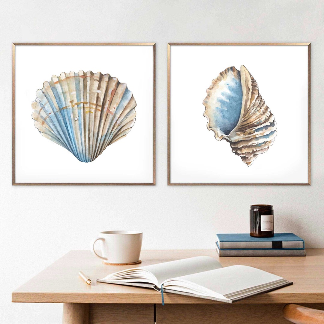 Seashell Art Clam Set of 2 Prints Coastal Watercolor Painting Shell Art ...