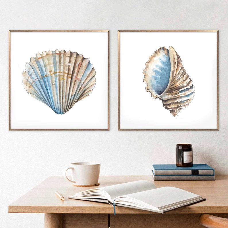 Seashell Art Clam Set of 2 Prints Coastal Watercolor Painting Shell Art ...