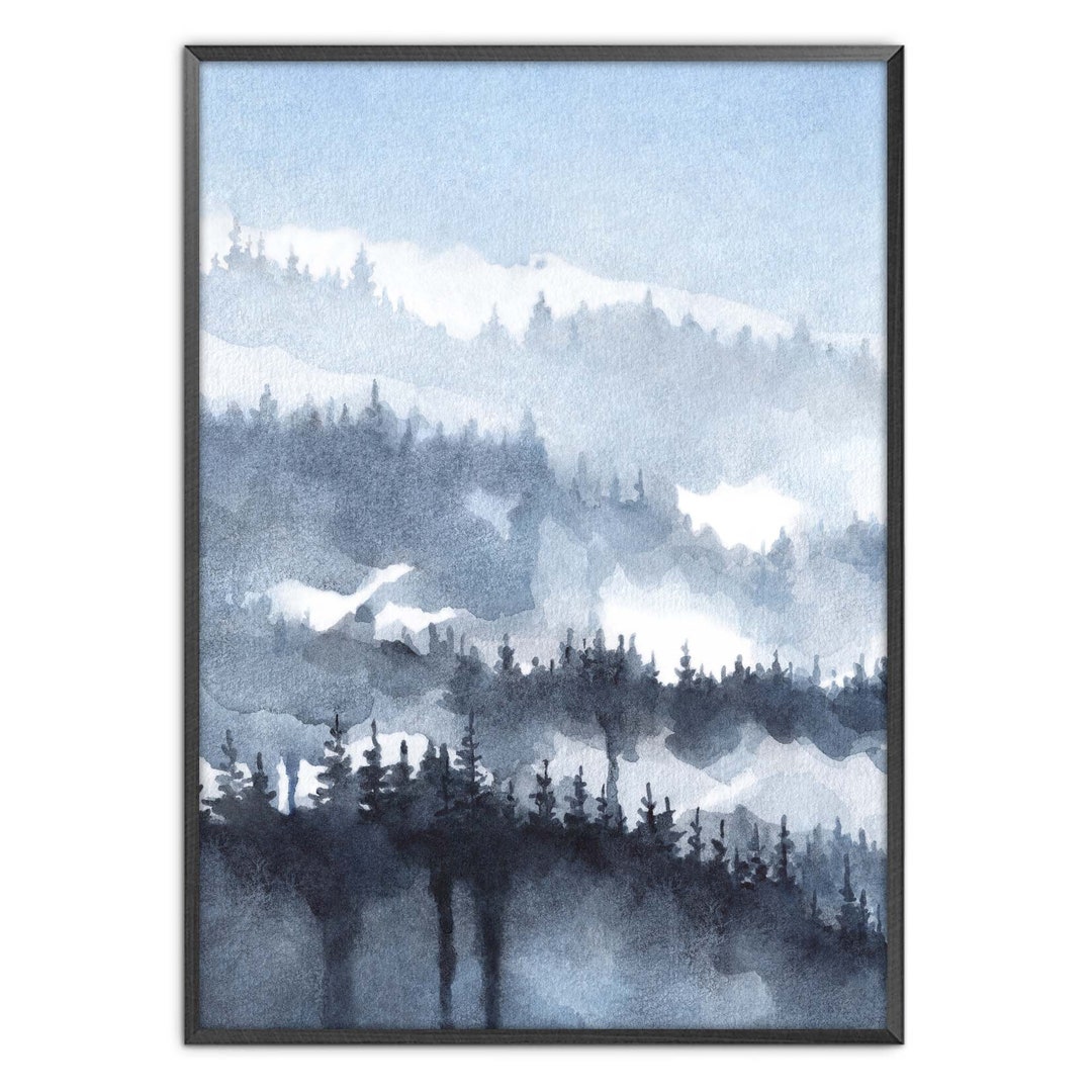 Mountain Forest Art Print Blue Mountain Watercolor Painting Abstract ...