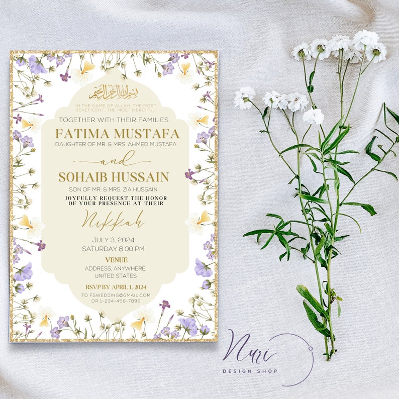 Floral Gold Muslim Wedding Invitation Digital, Modern Editable Nikkah ...