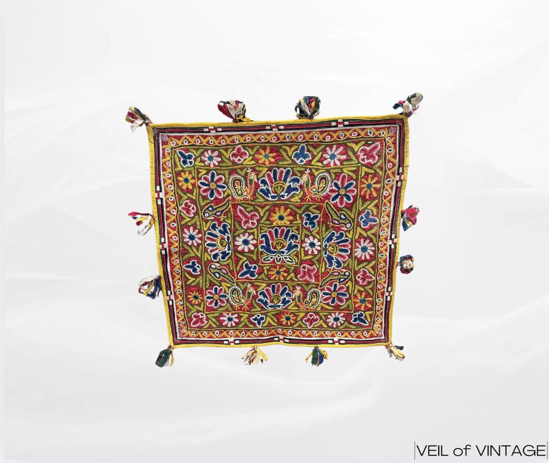 Vintage Indian Textile Art Woven Wall Decor With Mochi-style Embroidery ...