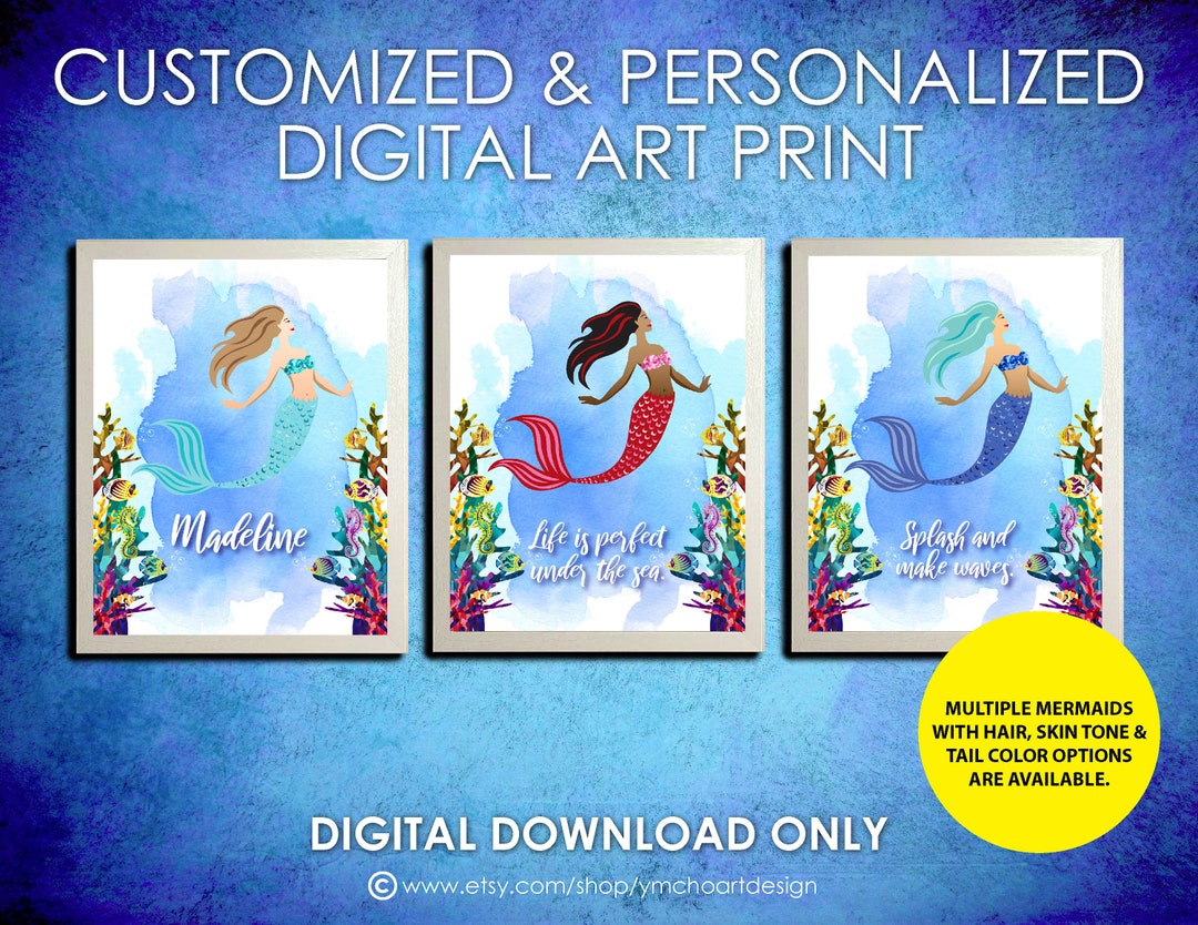 Personalized Mermaid Name Print: Custom Girls Room Decor (digital ...