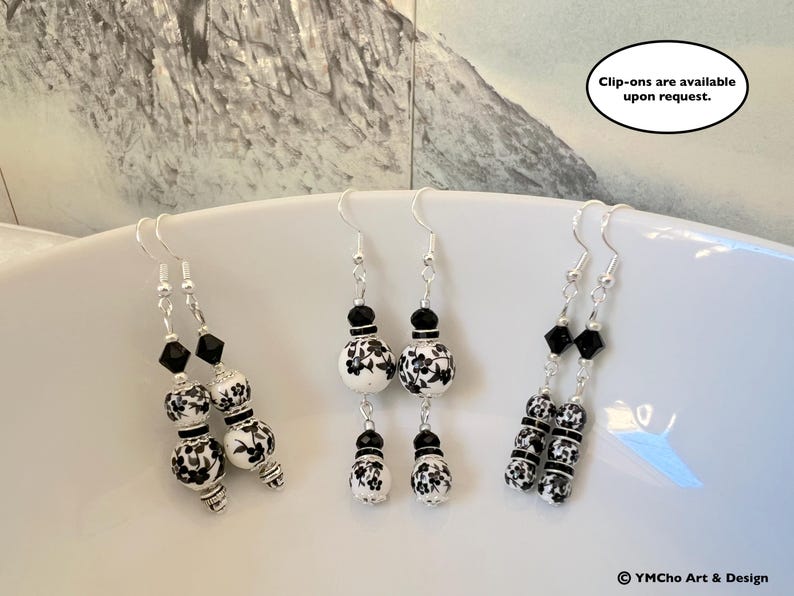 Set of 3 Black & White Floral Porcelain Ceramic Earrings, Clip-ons ...