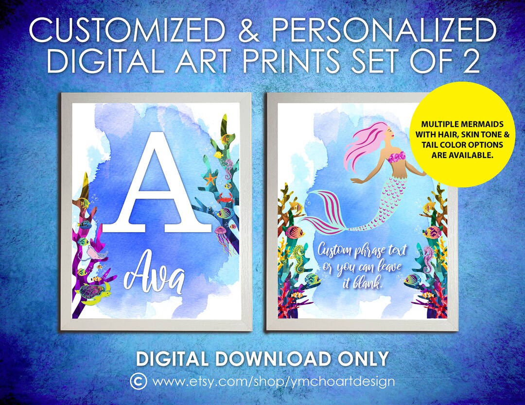 Personalized Mermaid Name Sign Prints: Custom Initial Letter Art ...