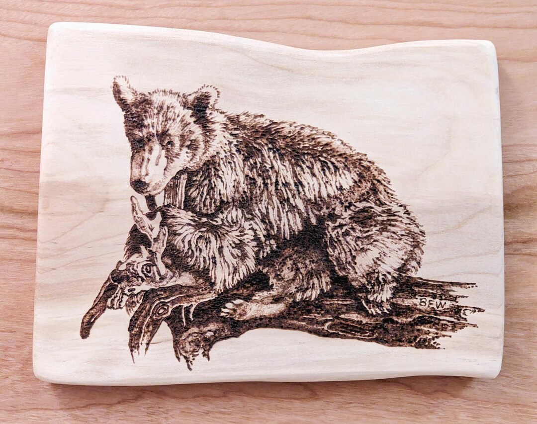 Bear Cub, Original Hand Burned Wildlife Art, Pyrography on Live Edge ...