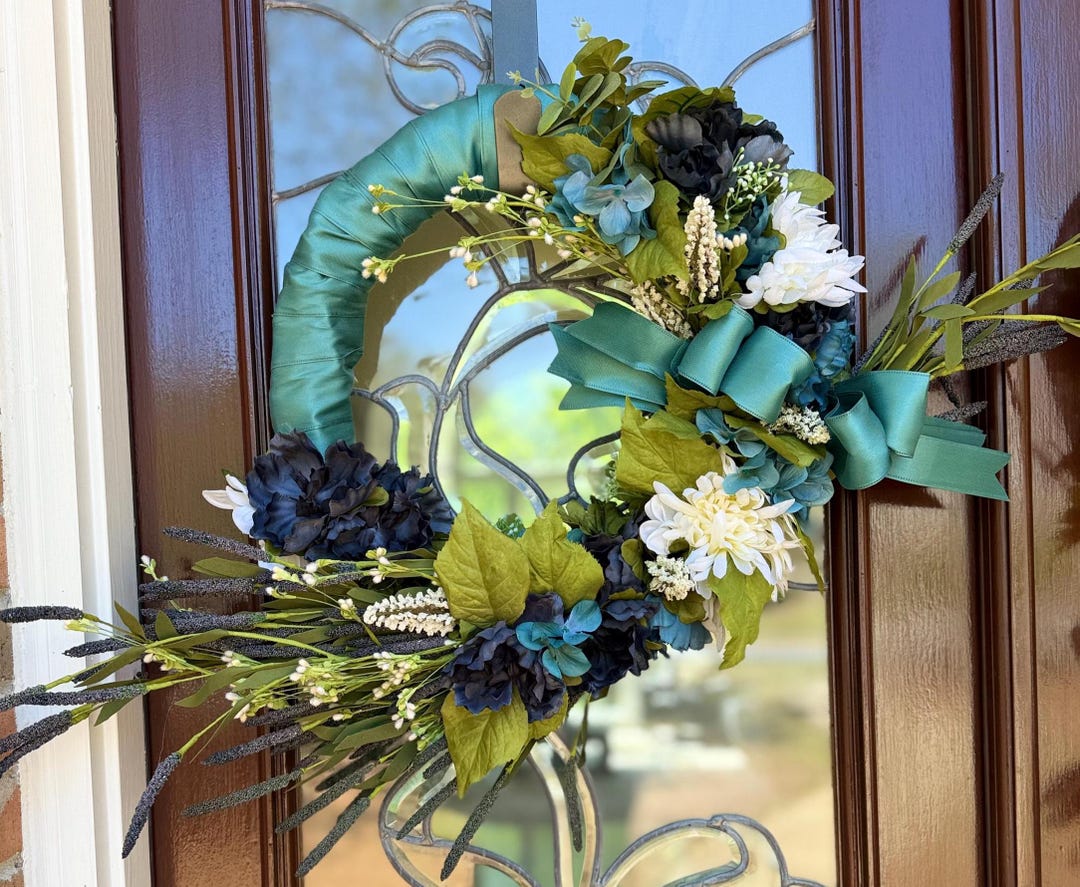 Year Round All Seasons Farm House Wreath Wrapped With Turquoise Ribbon ...