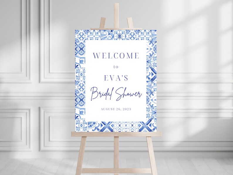 Mediterranean Blue Tile Bridal Shower Welcome Sign Template, Italian ...