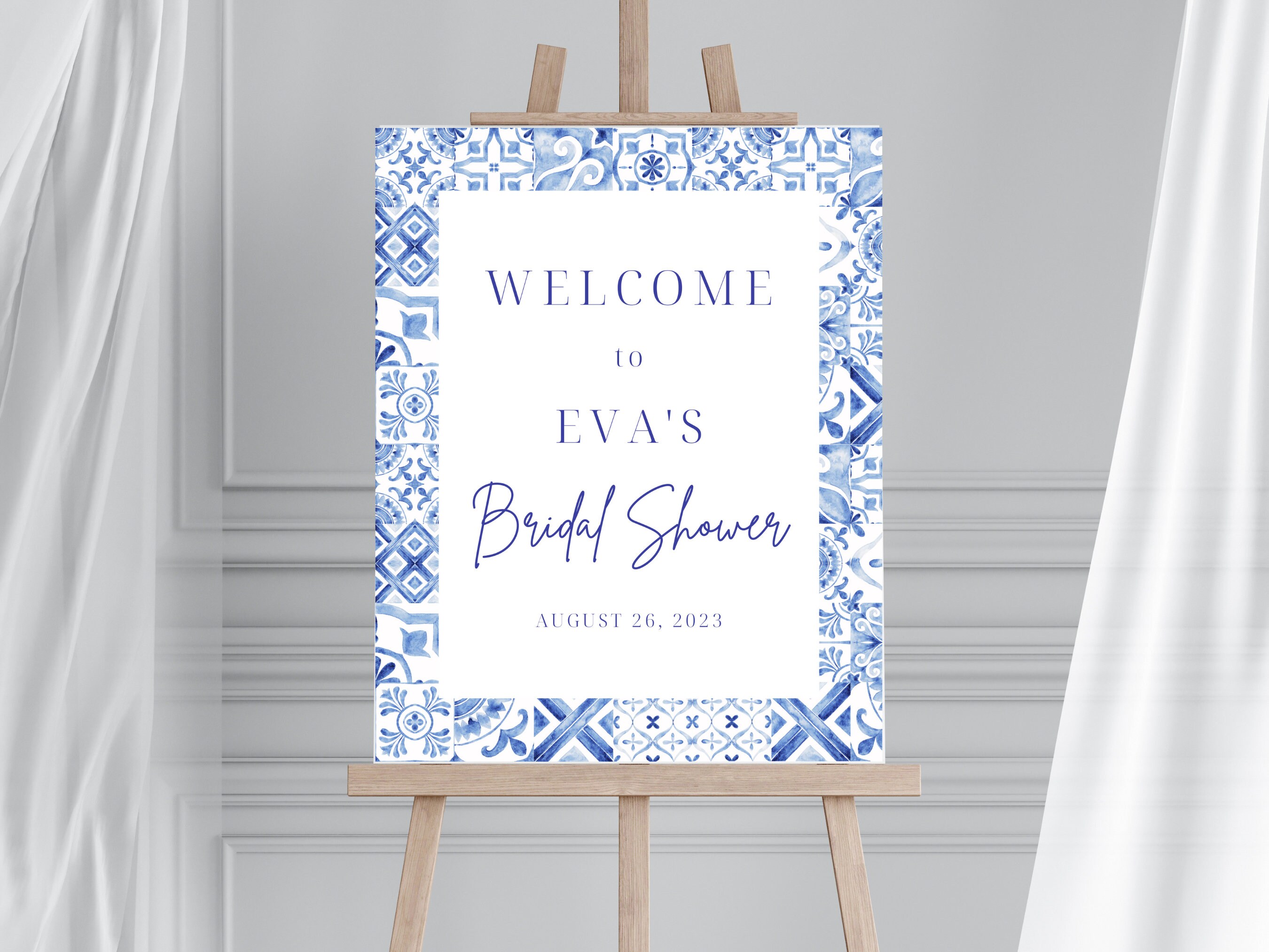 Mediterranean Blue Tile Bridal Shower Welcome Sign Template, Italian ...