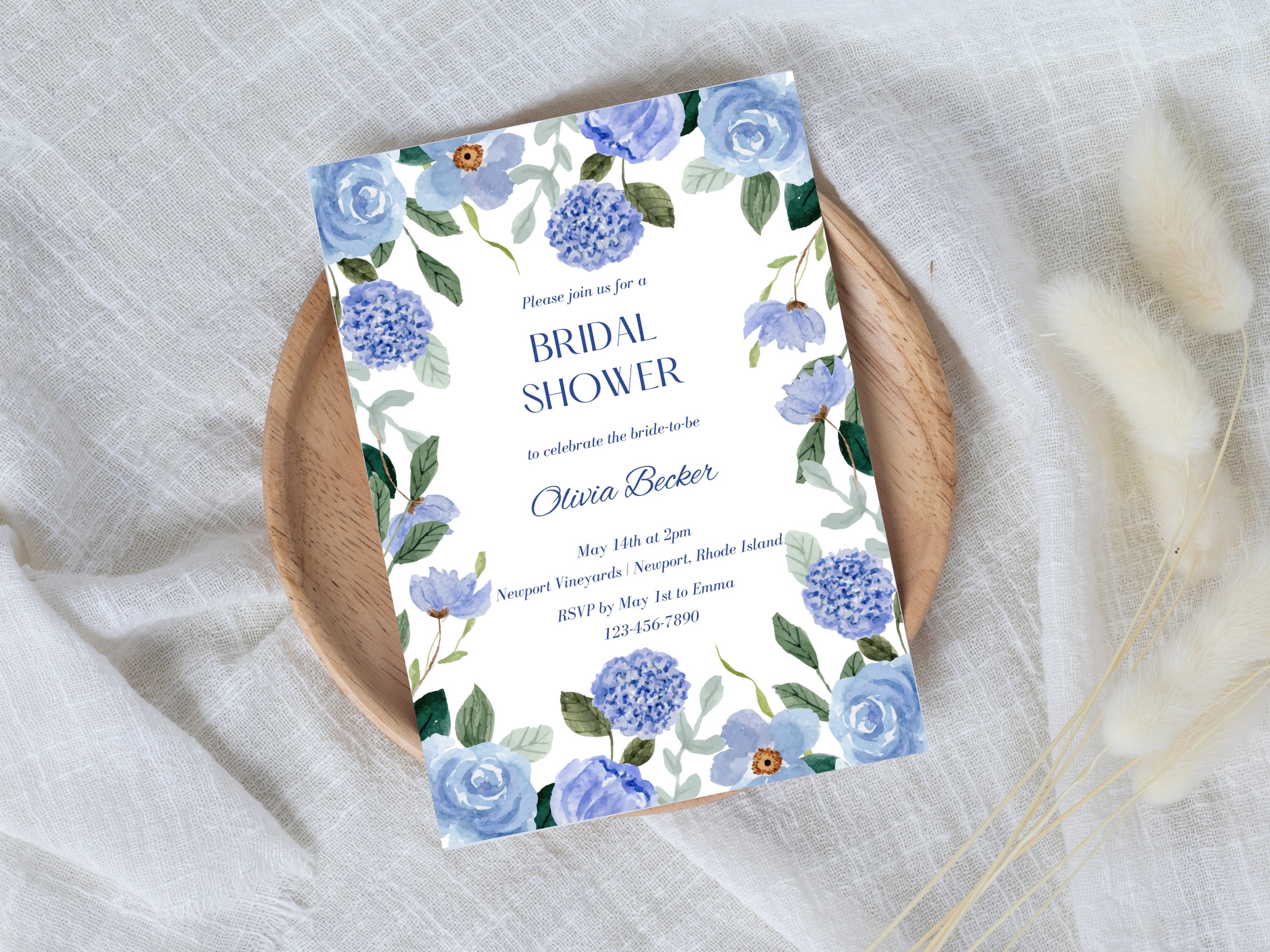 Blue Hydrangea Bridal Shower Invitation Template, Blue Floral Bridal Shower, Downloadable and ...
