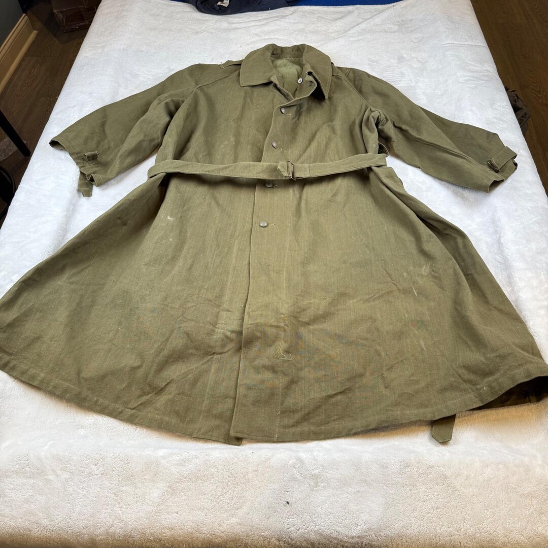 Vintage French Military WII Era Trench Coat Olive Green Workwear Jacket ...